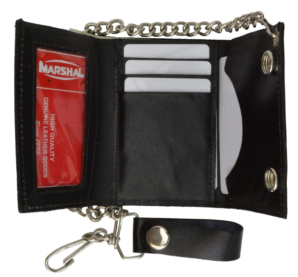 BLACK GENUINE LEATHER Trifold Biker's Wallet ID Card Holder w/ Chain ...