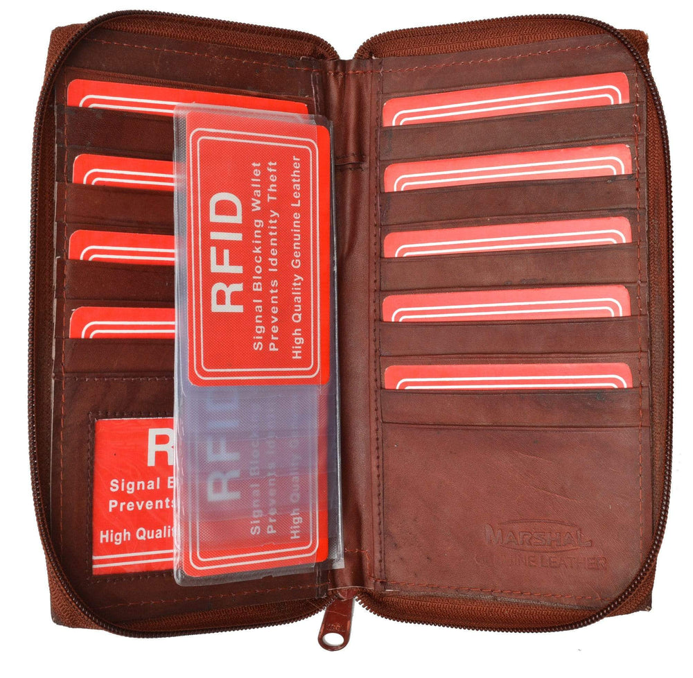 Genuine Leather Zip Around Credit Card Organizer Wallet with ID Window ...