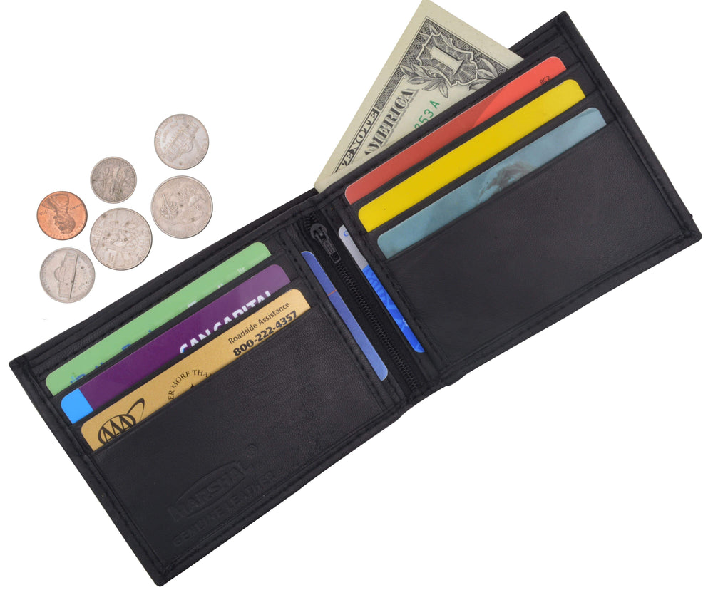 Genuine Lambskin Soft Leather Bifold Men's Wallet with Inner Zipper 1103