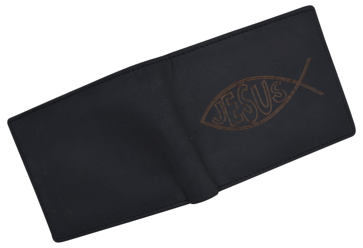 New Men's RFID Jesus Printed Logo Genuine Leather Bifold Wallet