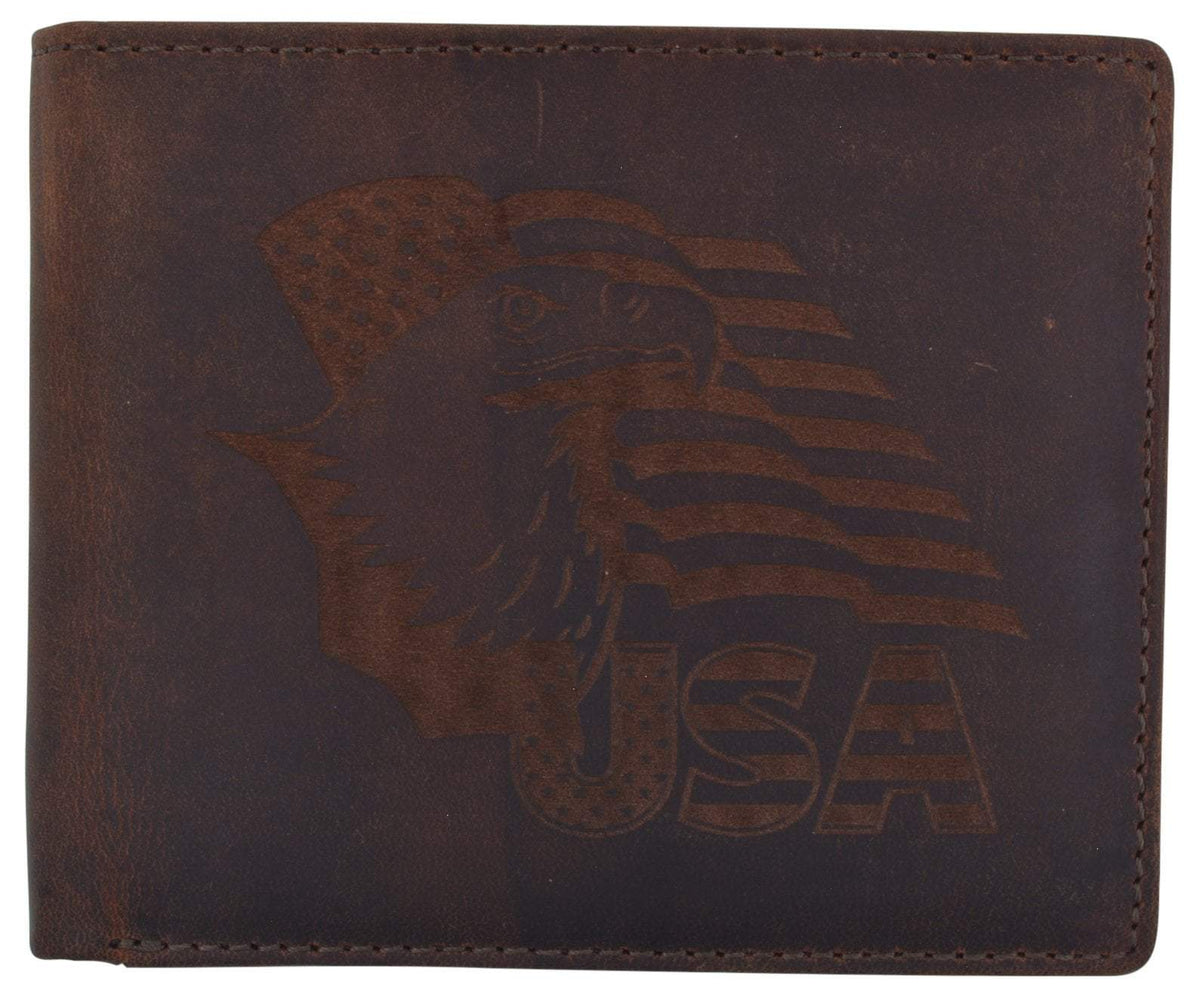 Men's Cowhide Leather USA Flag Eagle Logo RFID Bifold Wallet