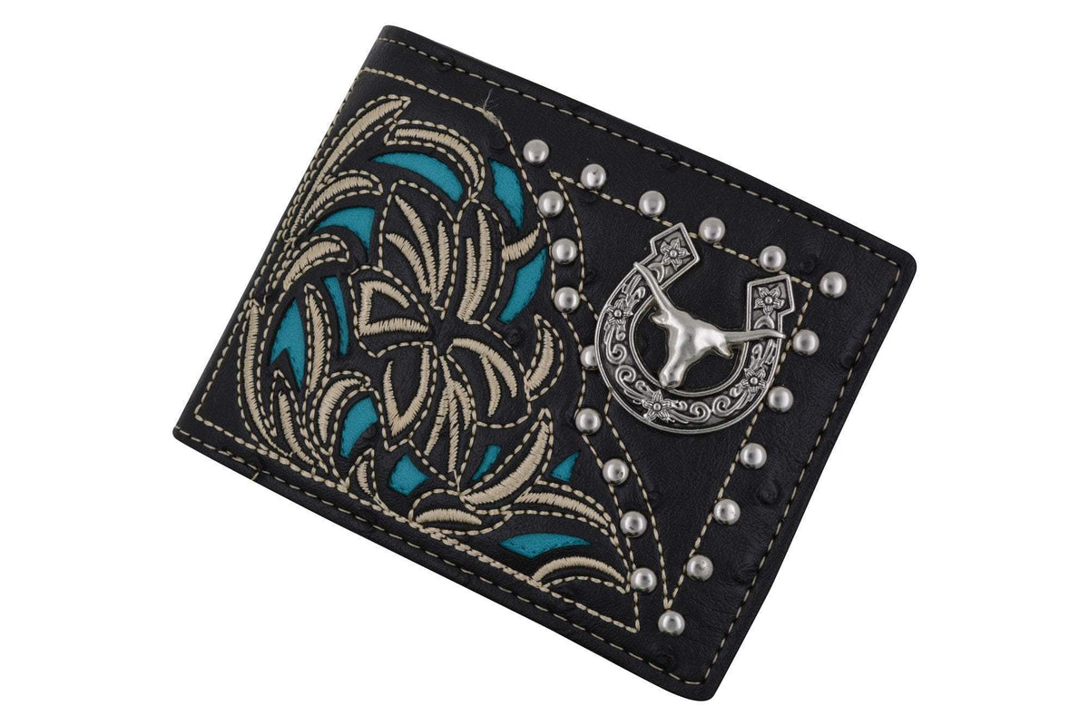Western Long Horn Horseshoe Design Ostrich Print Bifold Cowboy Wallet ...